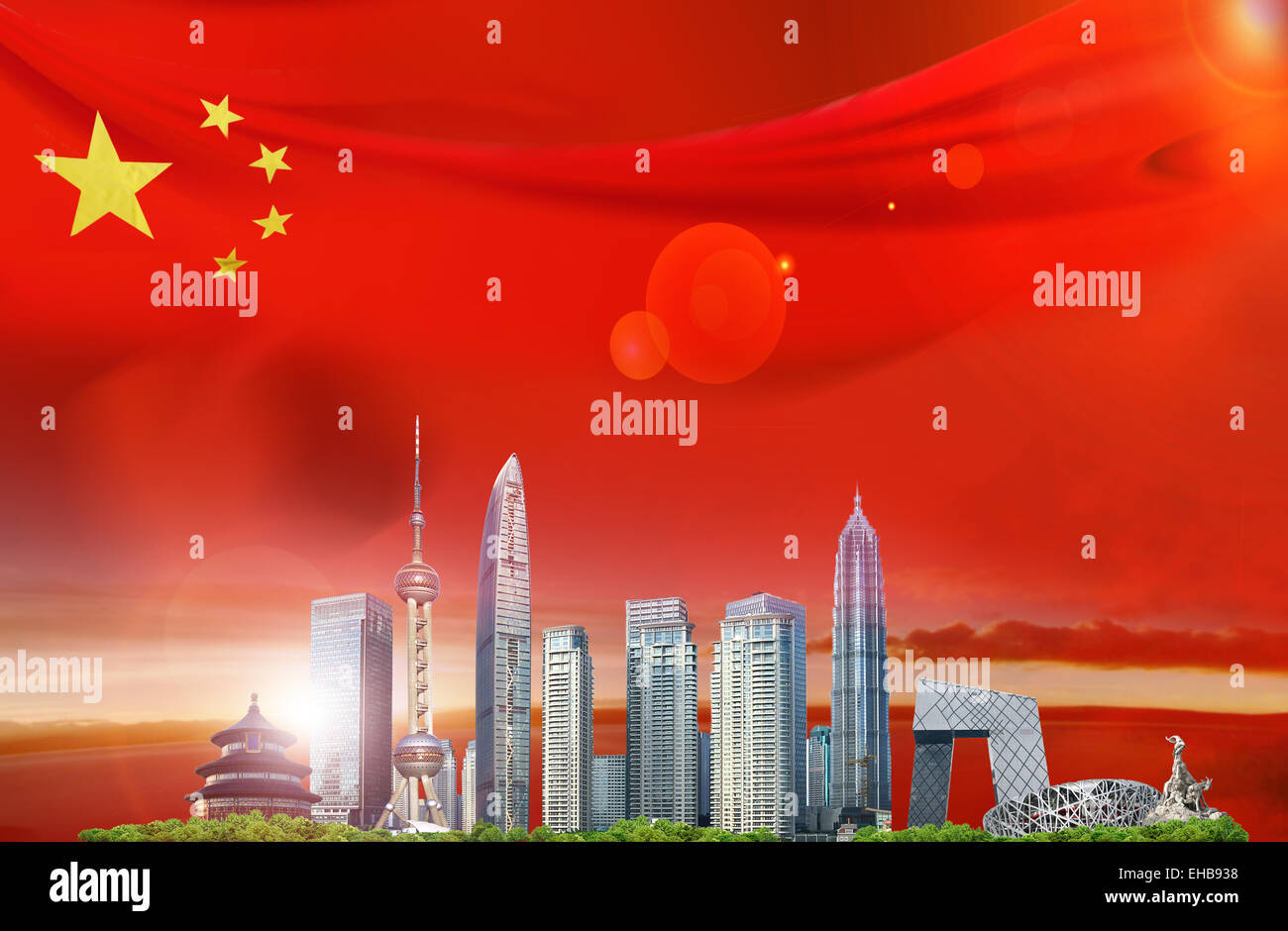 Under the red flag of China city landmarks Stock Photo - Alamy