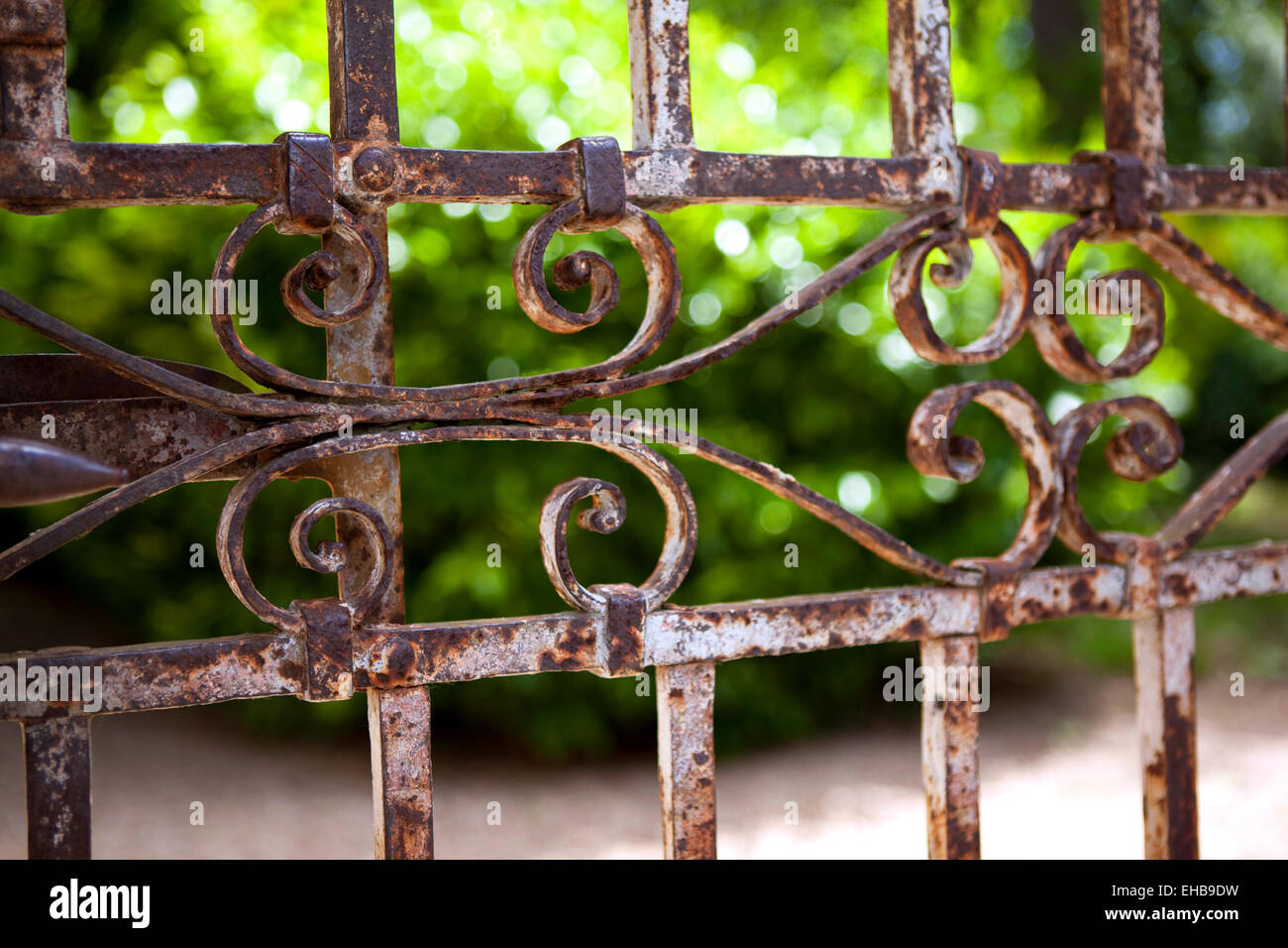 Focus on an old rusty gate in a park Stock Photo - Alamy