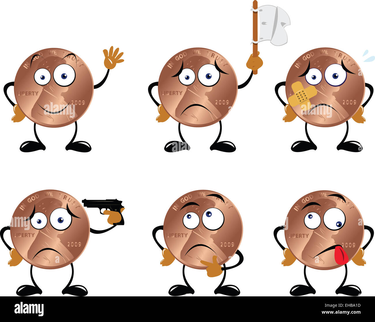 A vector cartoon representing a funny dollar cent in different poses ...