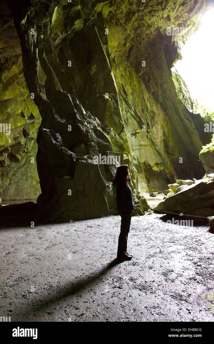 Woman in Cathedral Cavern. Cathedral Quarry, Little Langdale, Lake ...