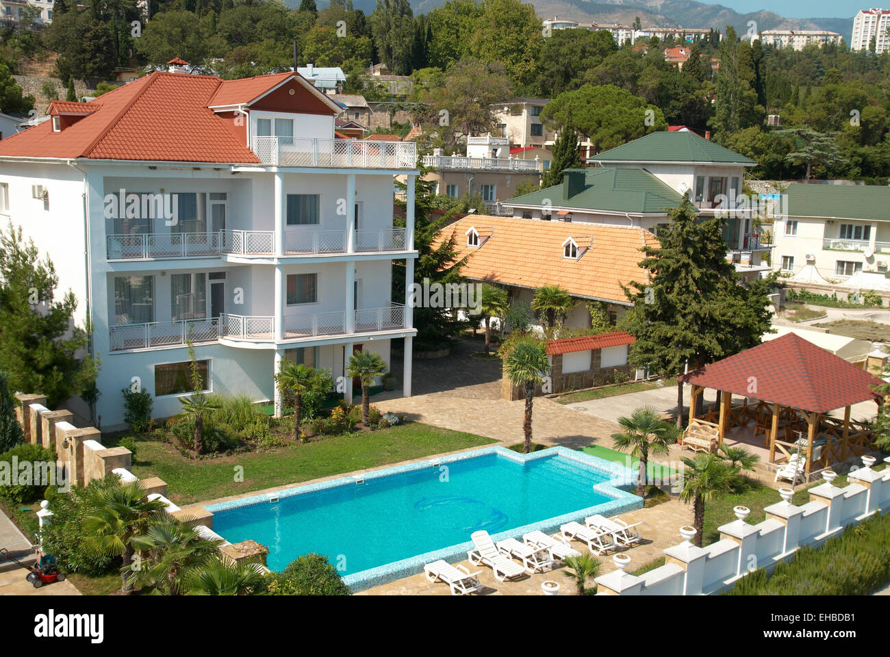 House with the blue pool in the yard Stock Photo - Alamy