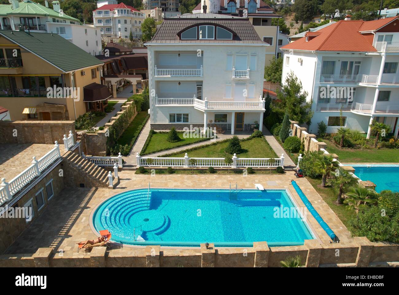 House with the blue pool in the yard Stock Photo - Alamy