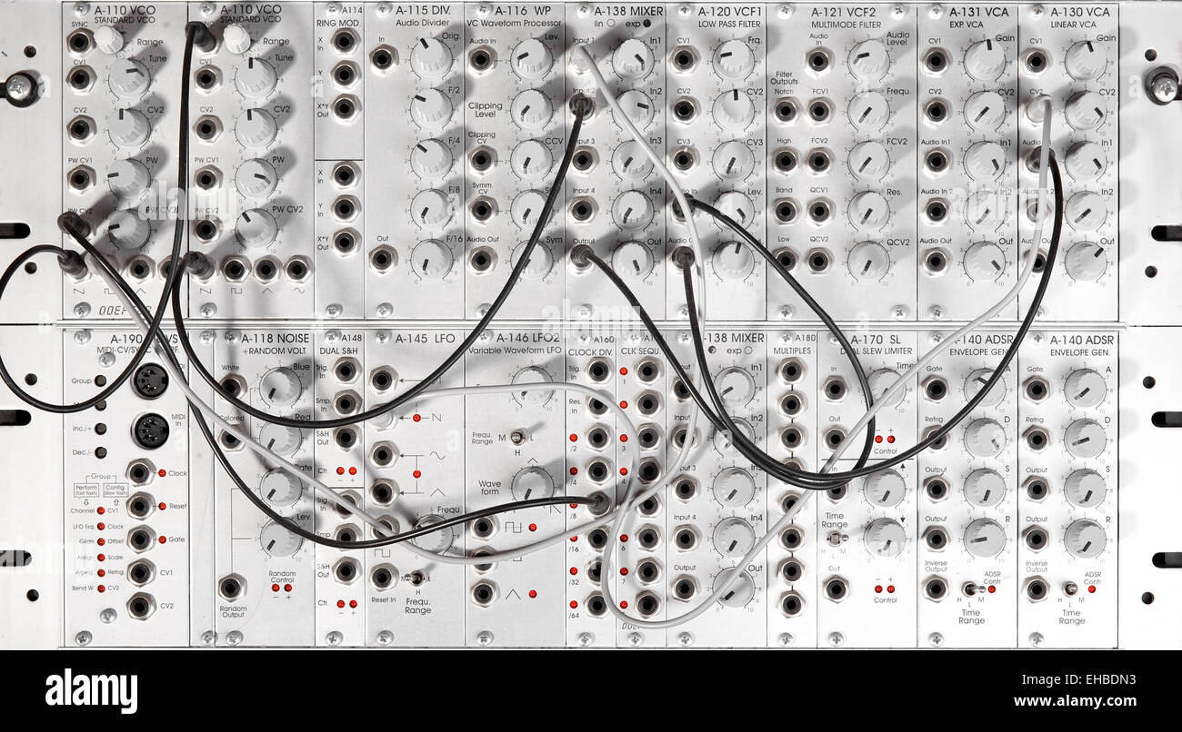 big grey modular synthesizer with patch cable Stock Photo - Alamy