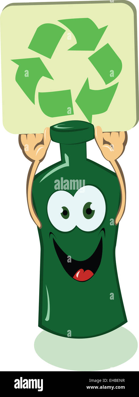 a funny glass bottle keeping a sign with recycling logo Stock Photo - Alamy
