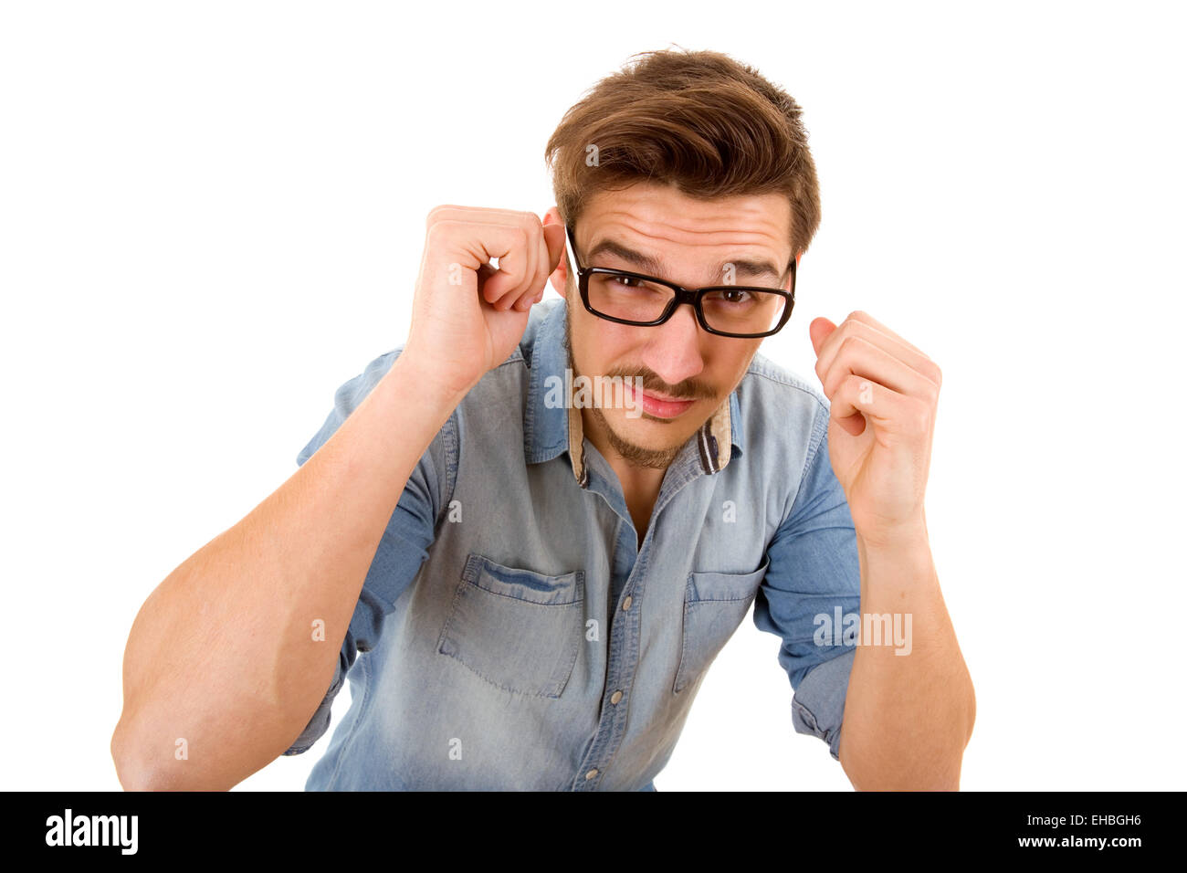 young teen man hiding, isolated on white Stock Photo - Alamy