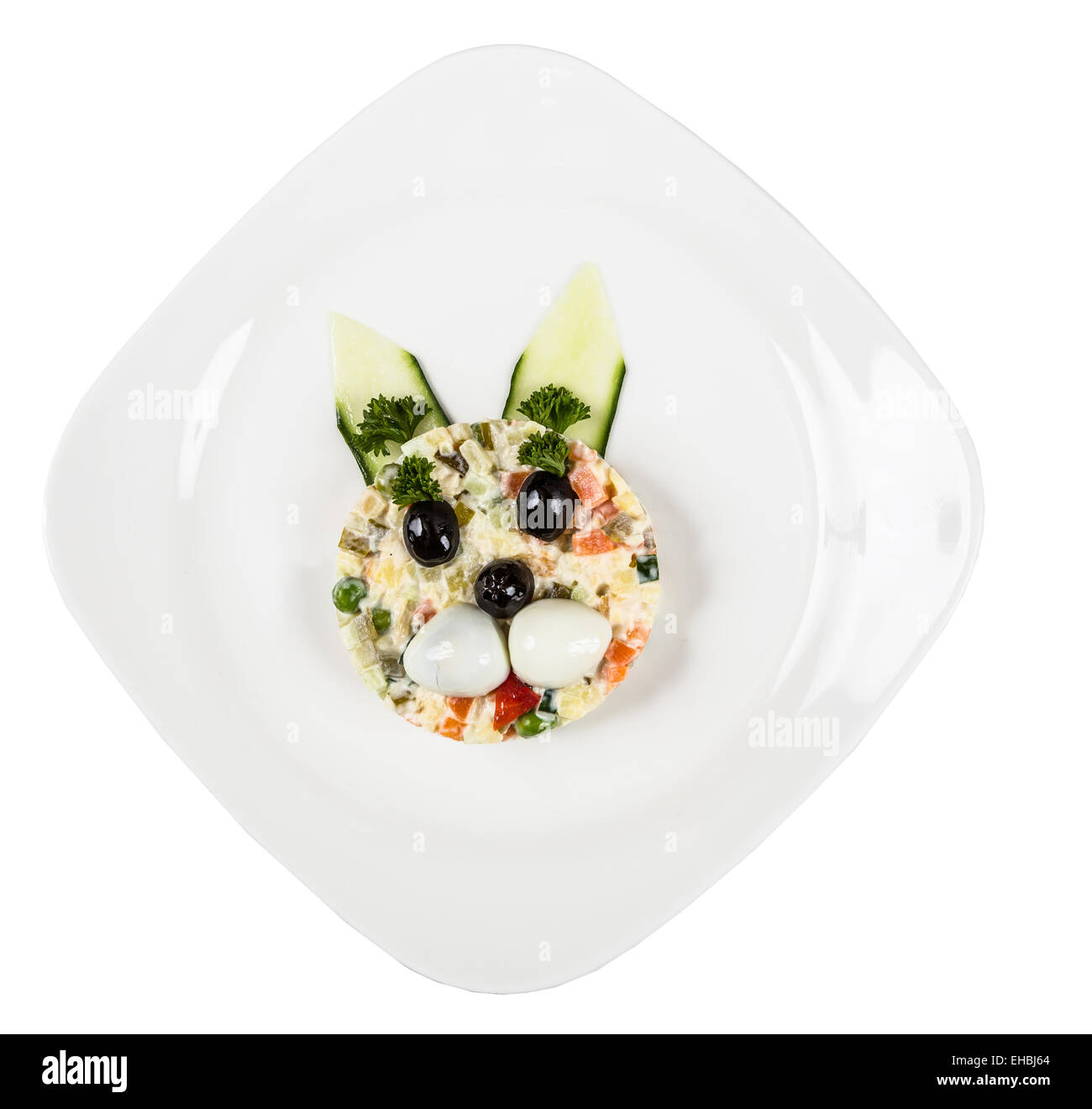 Restourant serving dish for child`s menu - salad with rabbit face Stock ...