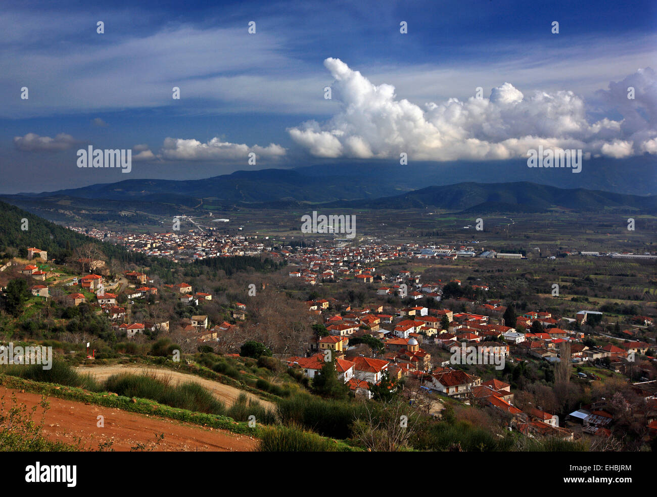 Panoramic view of Metaxochori village (front) and Agia town (back ...