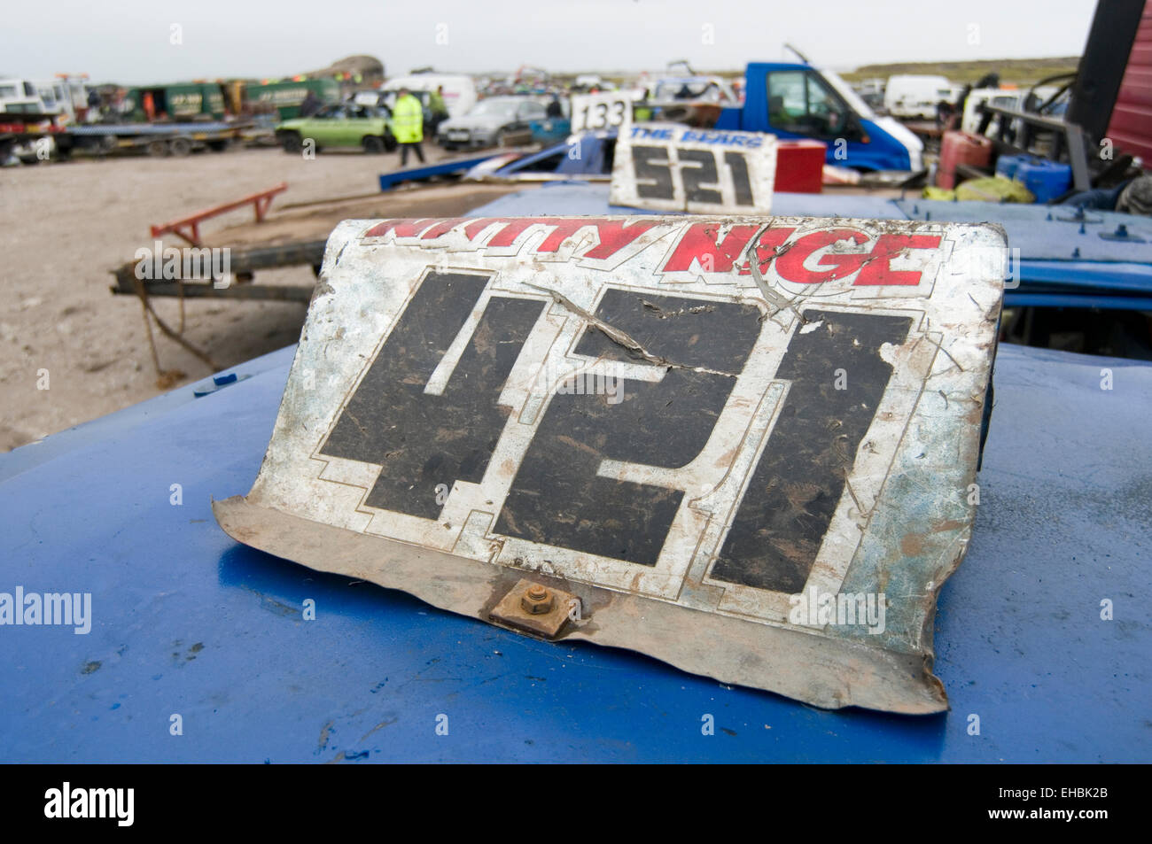 roof mounted fin plate on demo derby car with the drivers identifying ...
