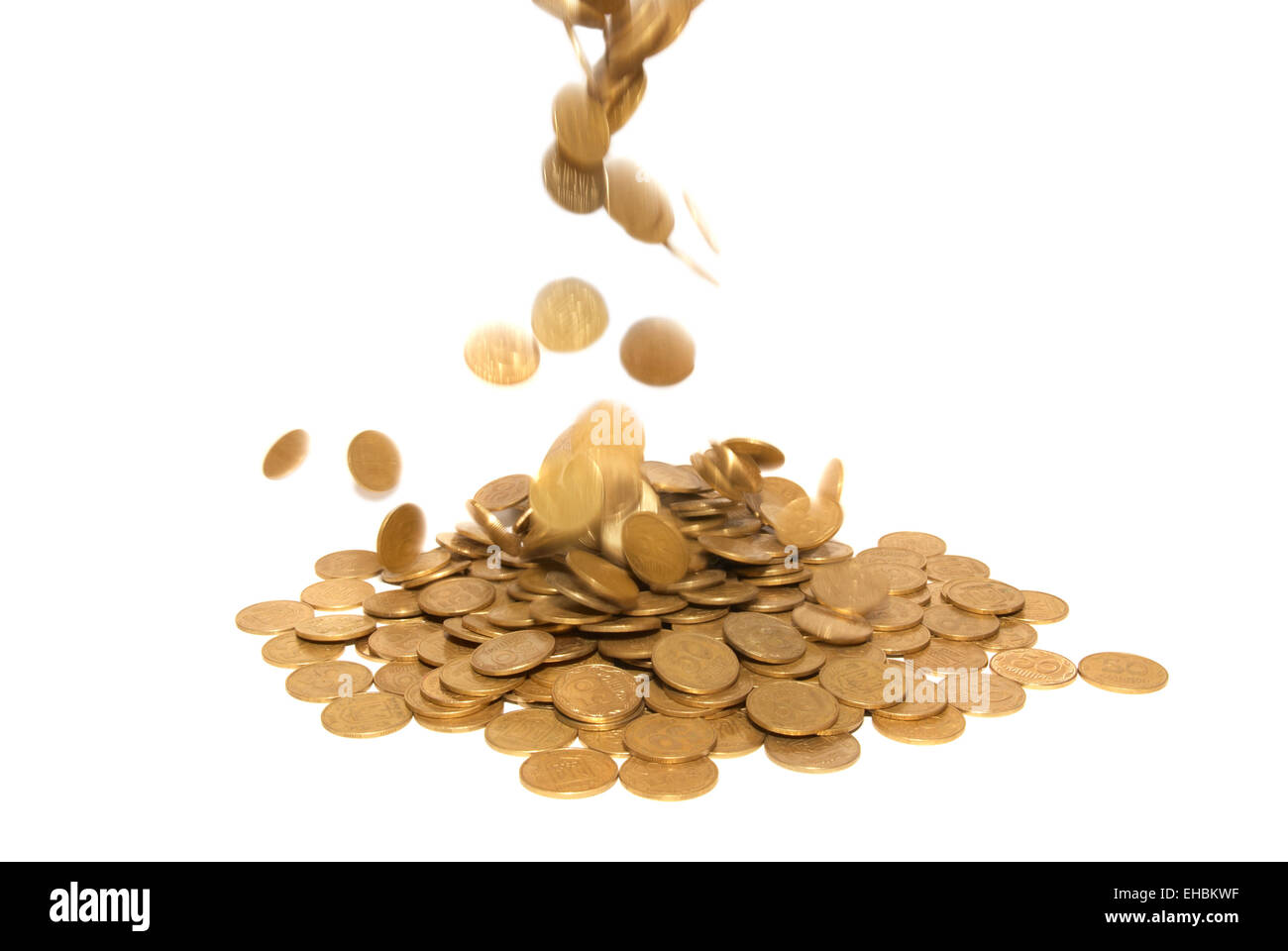 Rain of golden coins isolated on white Stock Photo - Alamy