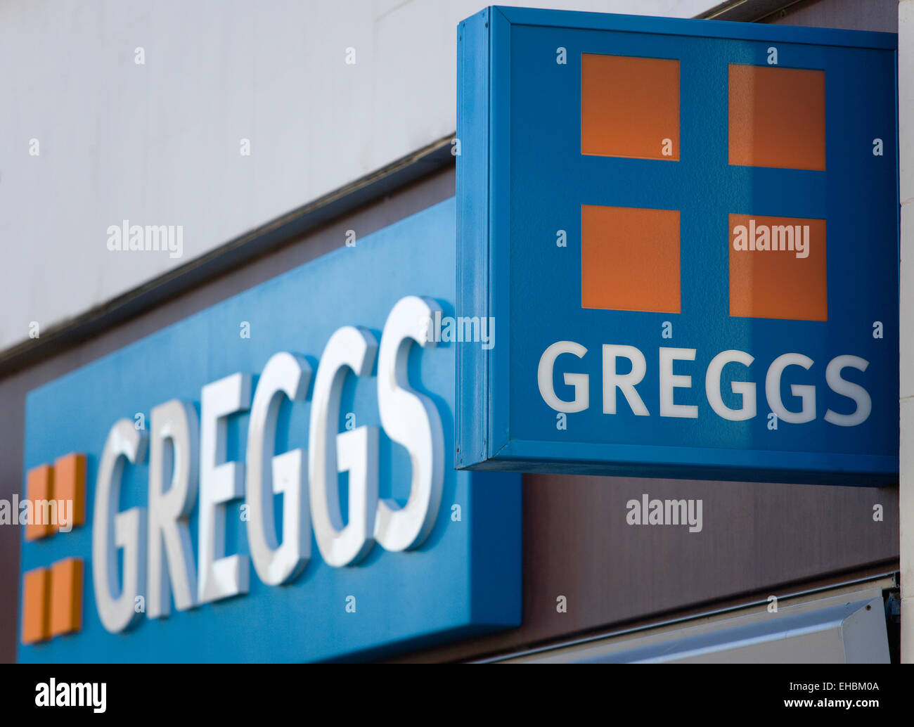 Business, Shops, Food, Greggs pie shop signs on a high street outlet ...