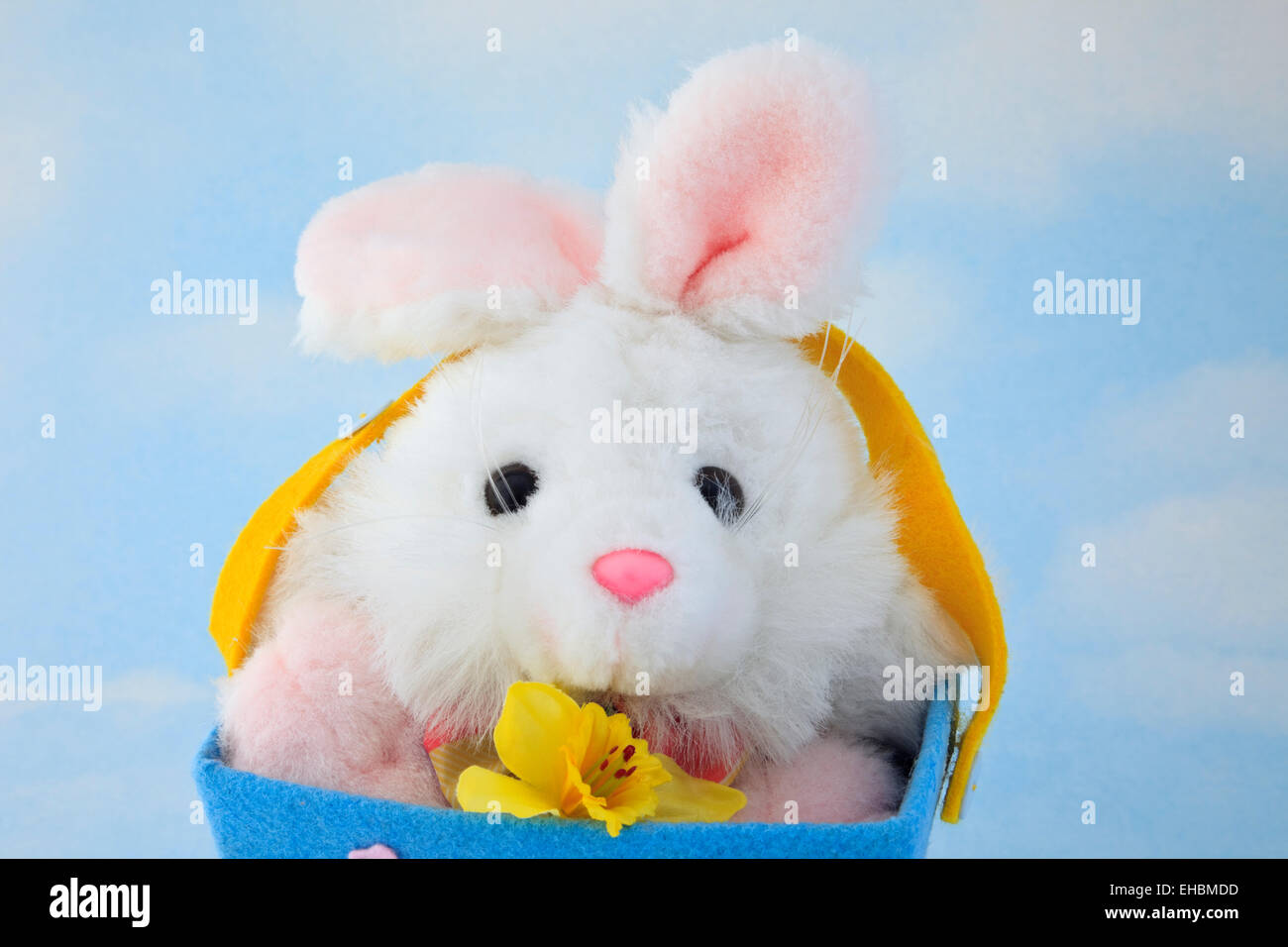 Soft fluffy Easter bunny child's toy in a basket against a blue sky ...