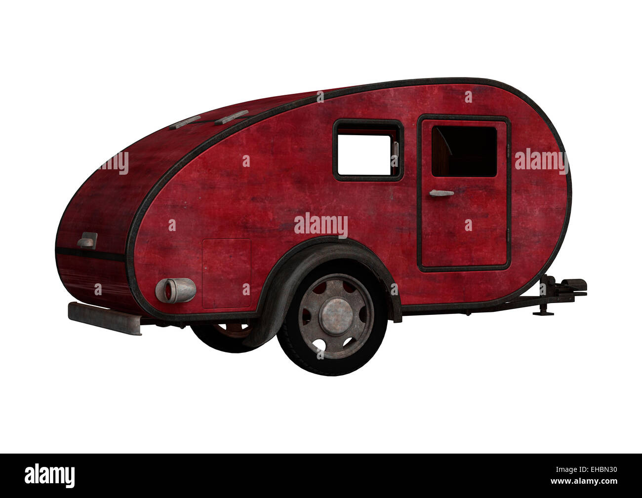3D digital render of an old red camper isolated on white background ...