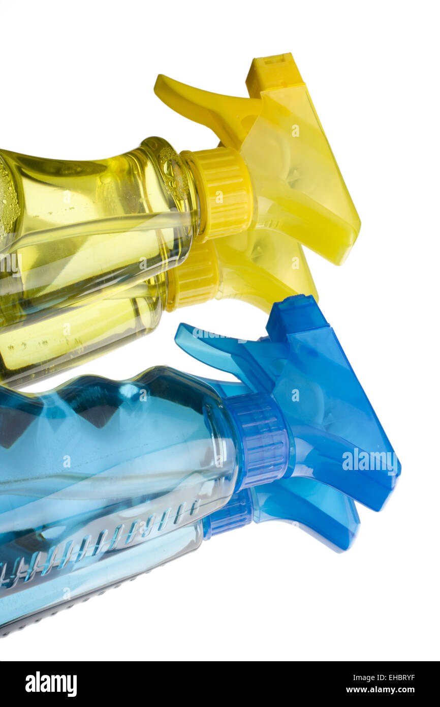 blue and yellow trigger spray bottles Stock Photo - Alamy
