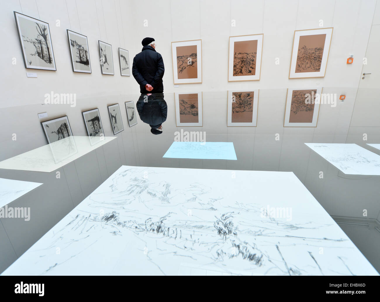 A visitor examines drawings by artist Klaus Bose at the exhibition ...
