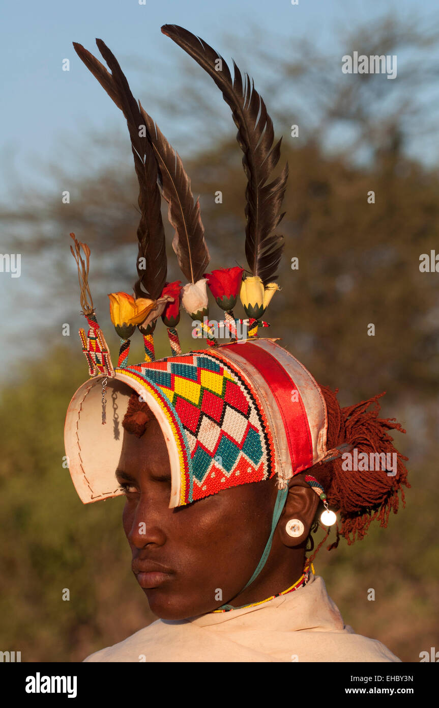 A Samburu Moran (warrior) decorated for a wedding ceremony, Archer's ...