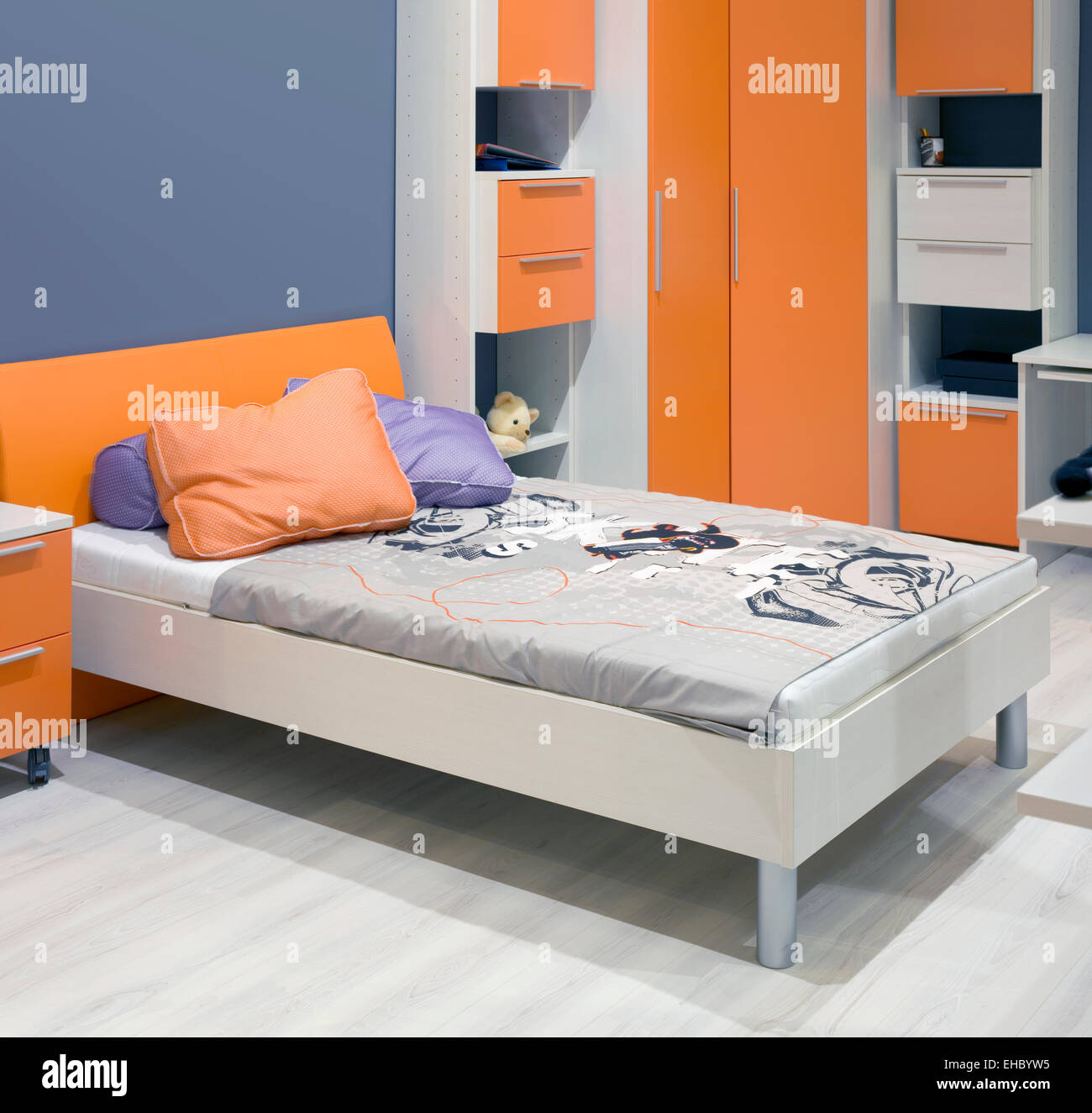 Orange Teenager Sleeping and Learning Room Stock Photo - Alamy