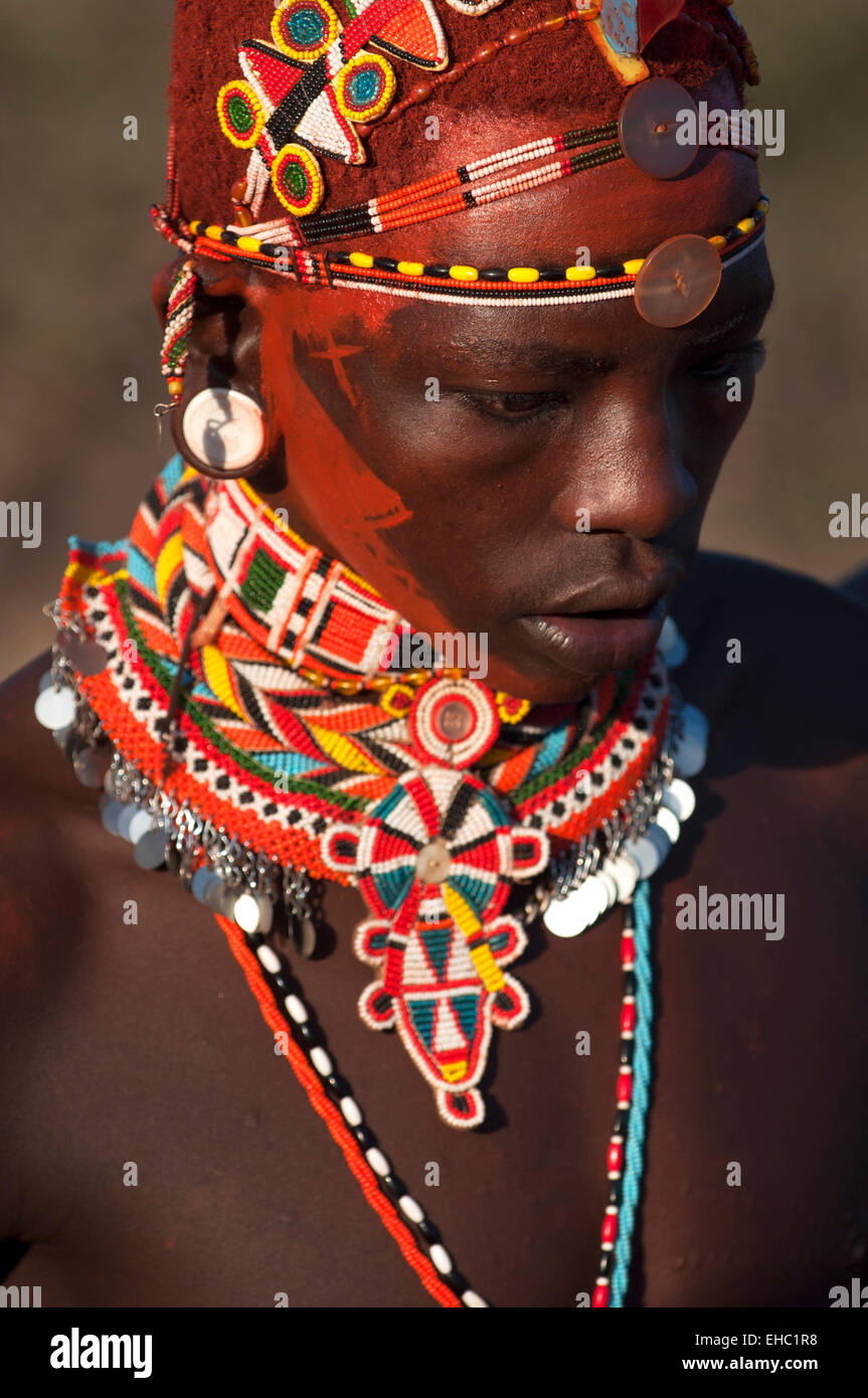 A Samburu Moran (warrior) decorated for a wedding ceremony, Archer's ...