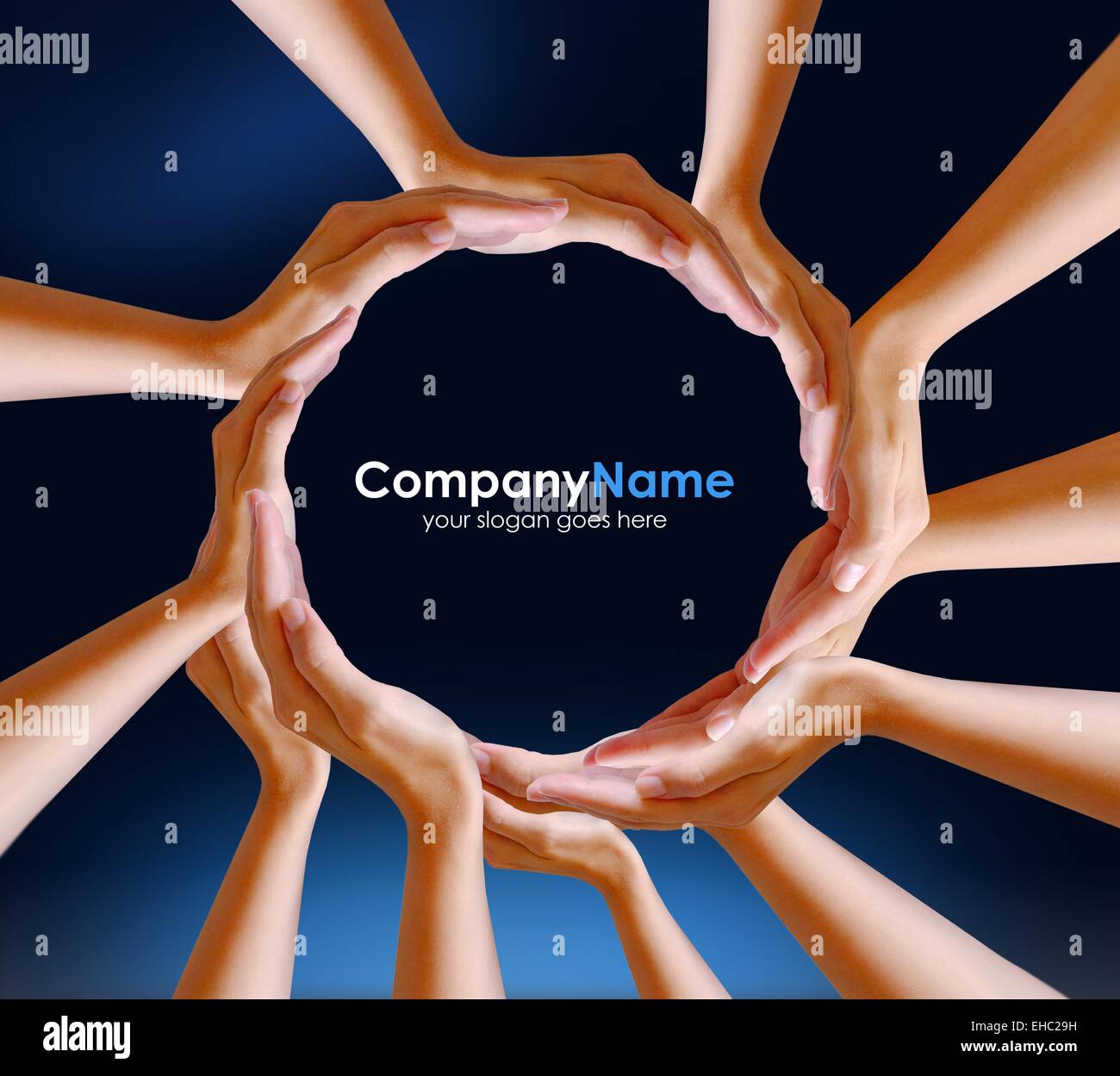 Multiple hands making a circle on a dark background Stock Photo - Alamy