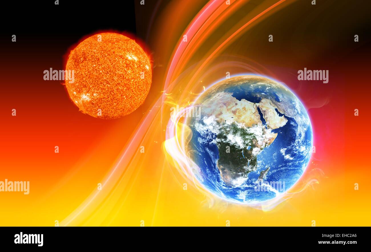 Sun heating earth atmosphere illustration global warming concept Stock ...