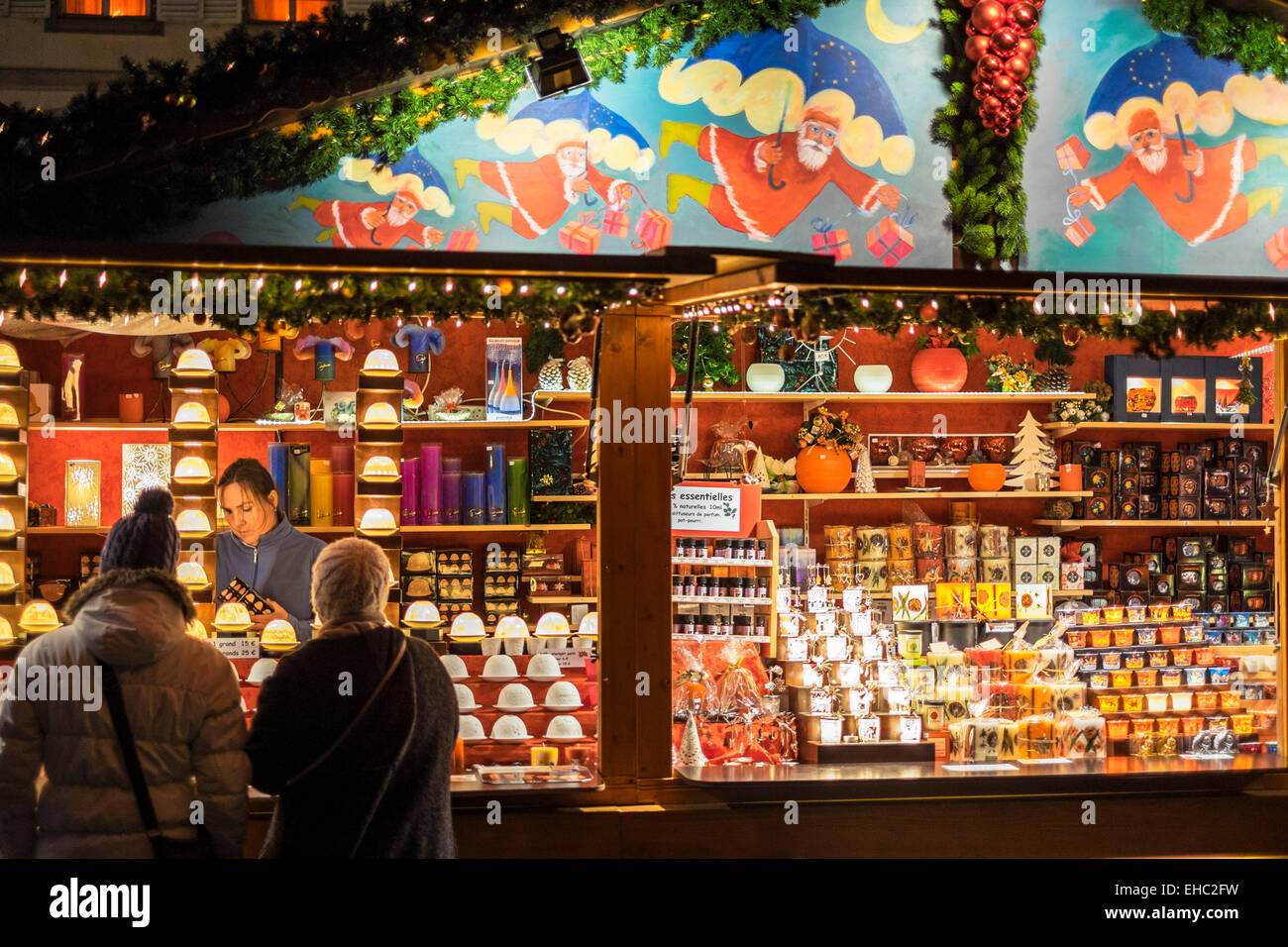 Candles stall, Christmas market at night, Strasbourg, Alsace, France ...