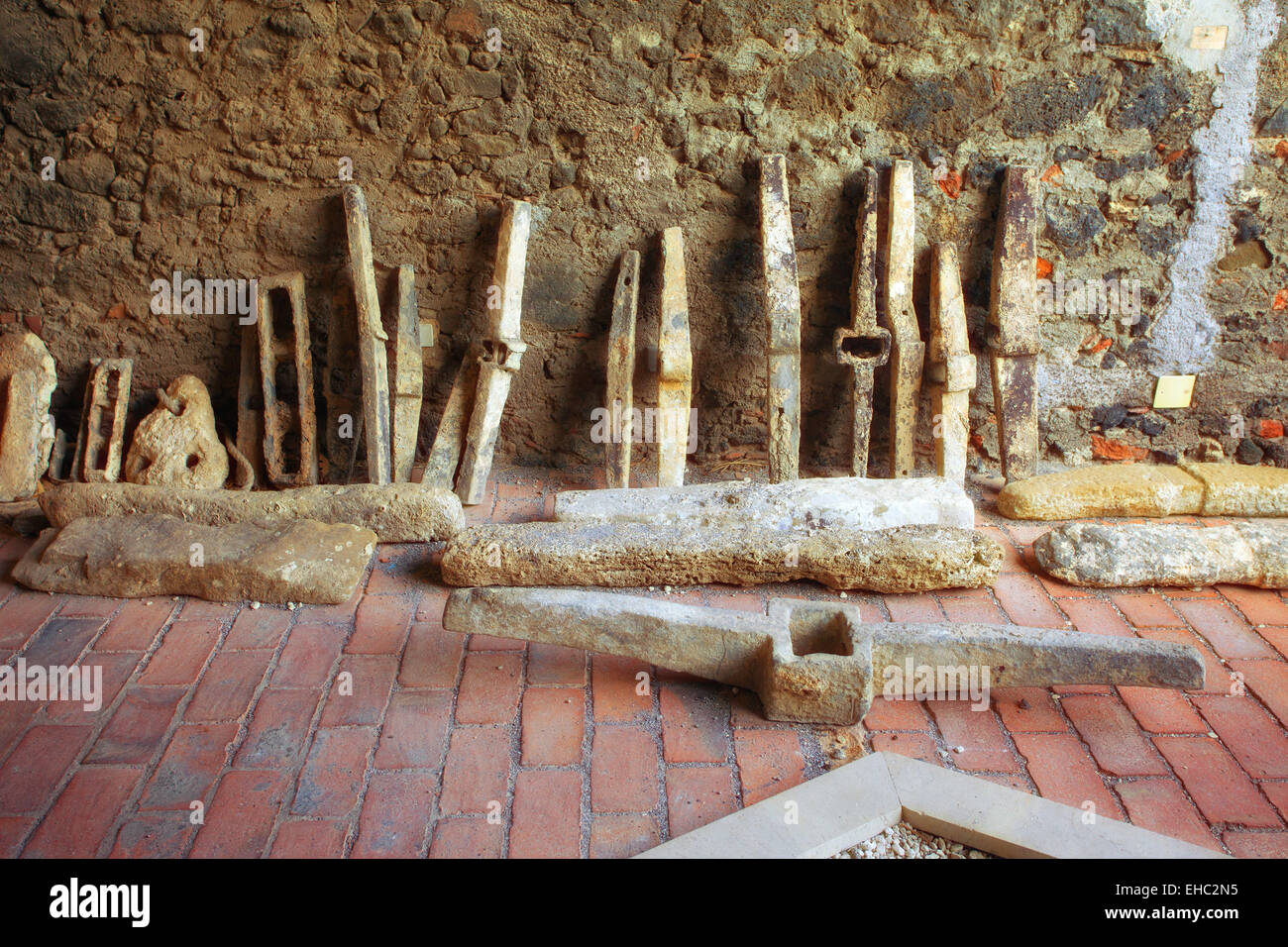 Medieval Castle of Aci Castello, antique anchors Greek, Sicily Stock ...
