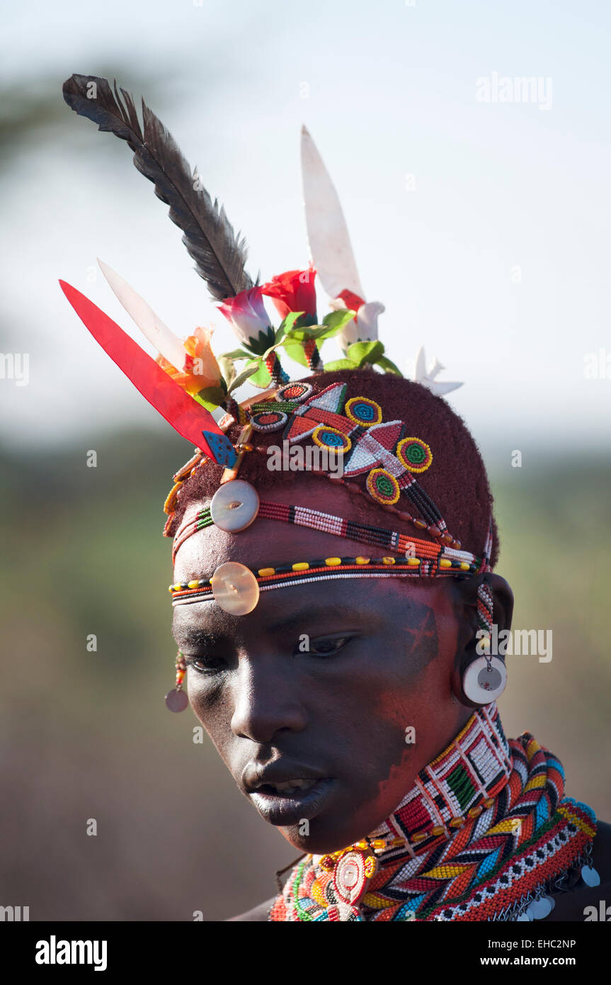 A Samburu Moran (warrior) decorated for a wedding ceremony, Archer's ...