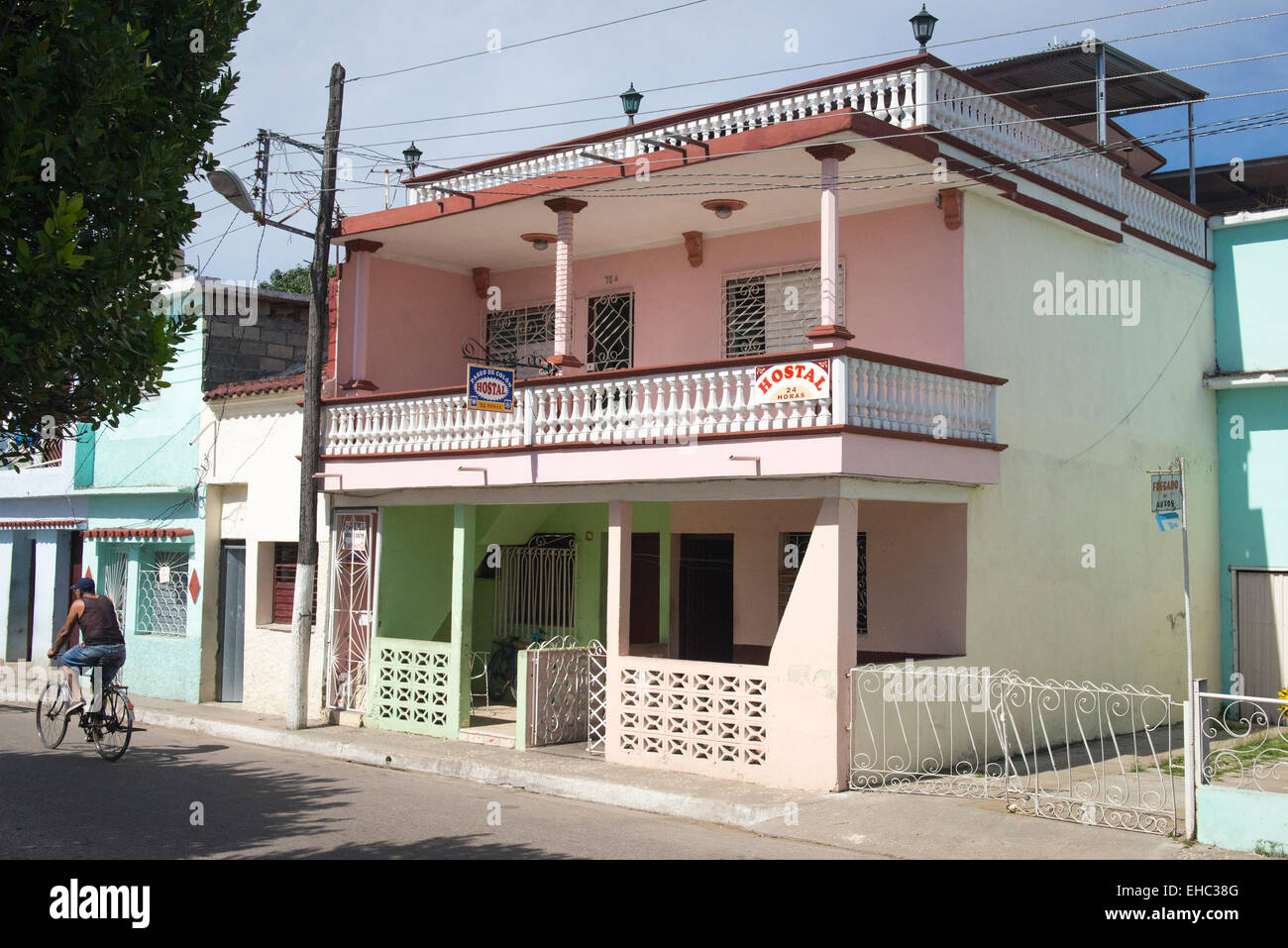 Cuba Sancti Spiritus street road scene typical two storey home hostel ...