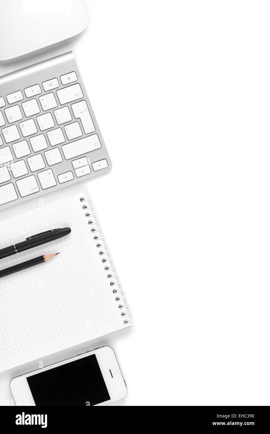 Office desk table with computer and supplies. Isolated on white ...