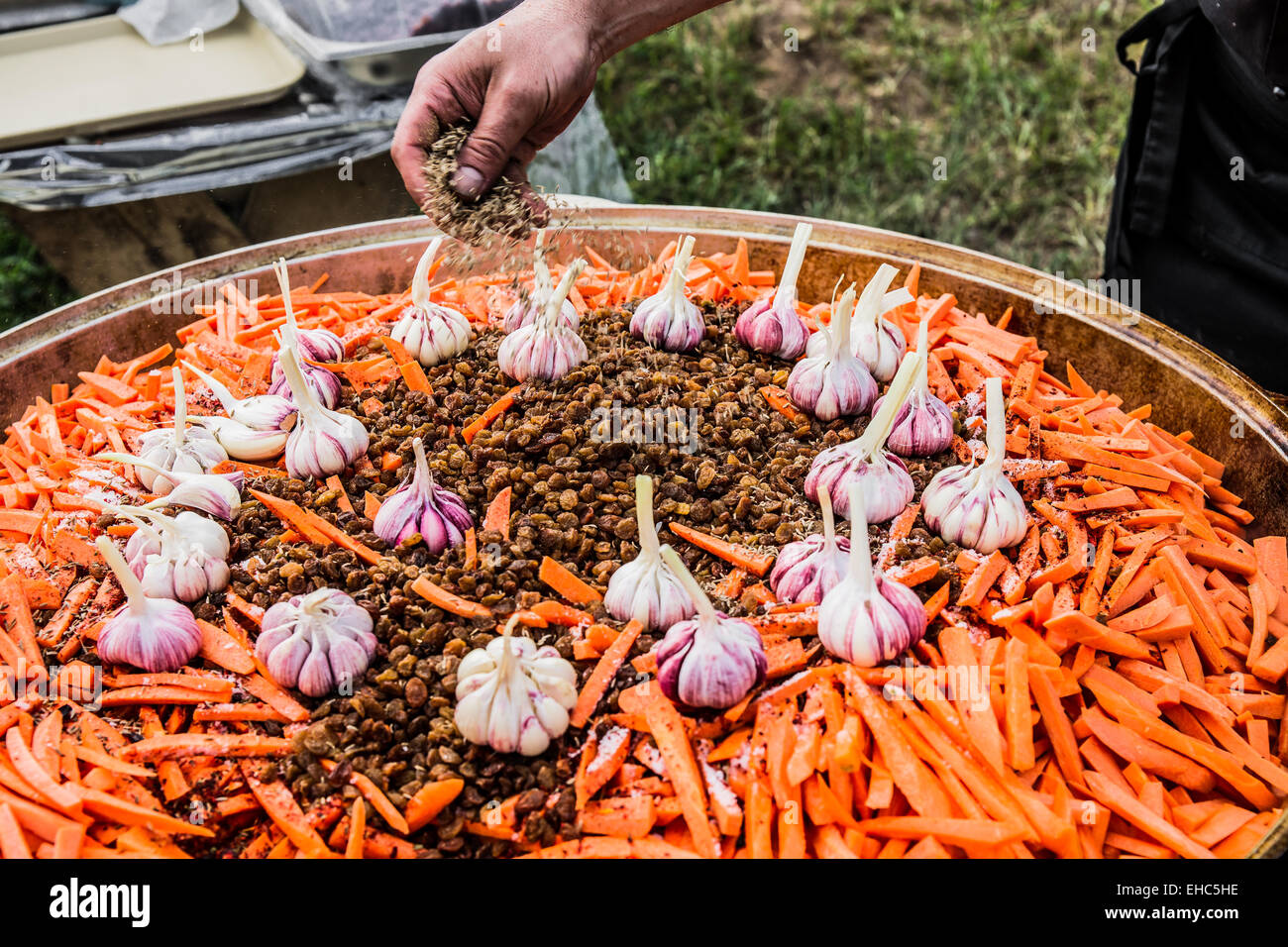 Preparation of mutton pilaf - Uzbek national meal of mutton, rice ...