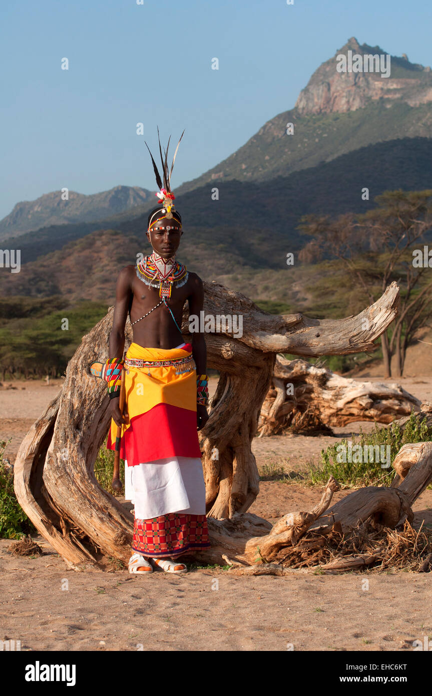 A Samburu Moran (warrior) fully dressed with colorful cloth, beaded ...
