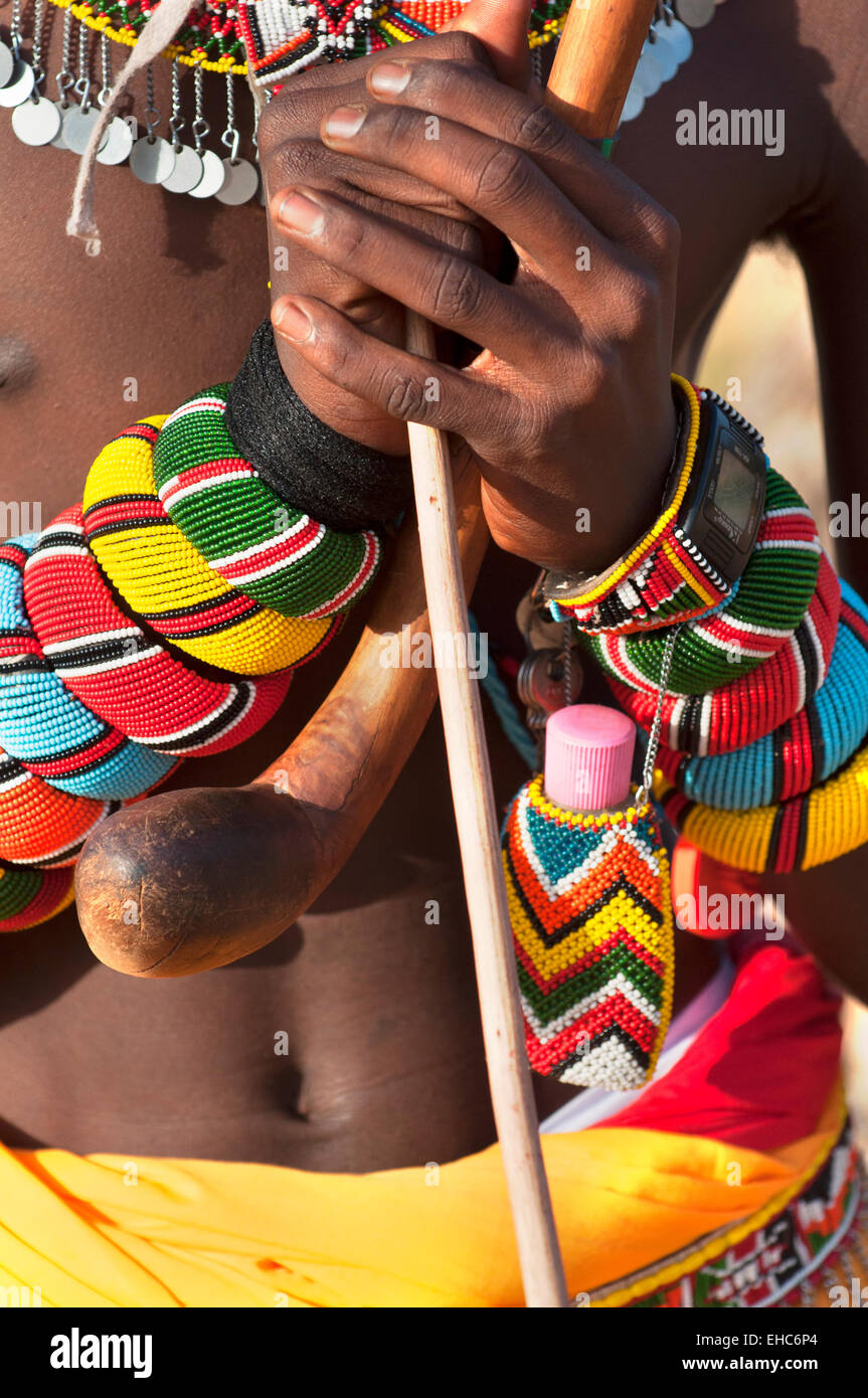 Detail of a Samburu Moran (warrior) beaded necklaces, bracelets and ...