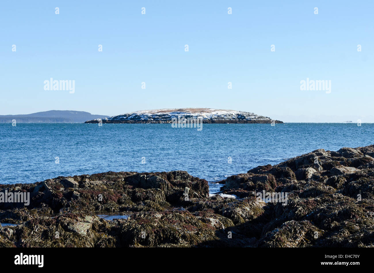 A small, barren island known as the Thrumcap seen from Bear Brook, Bar ...