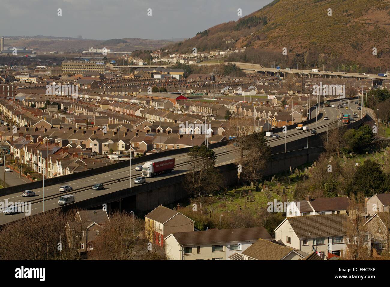 M4 motorway cuts through the steel making town of Port Talbot, South ...