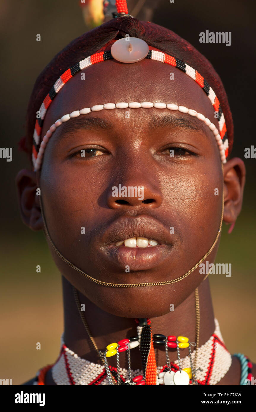 A Samburu Moran (warrior) with beaded necklaces and headdress, South ...