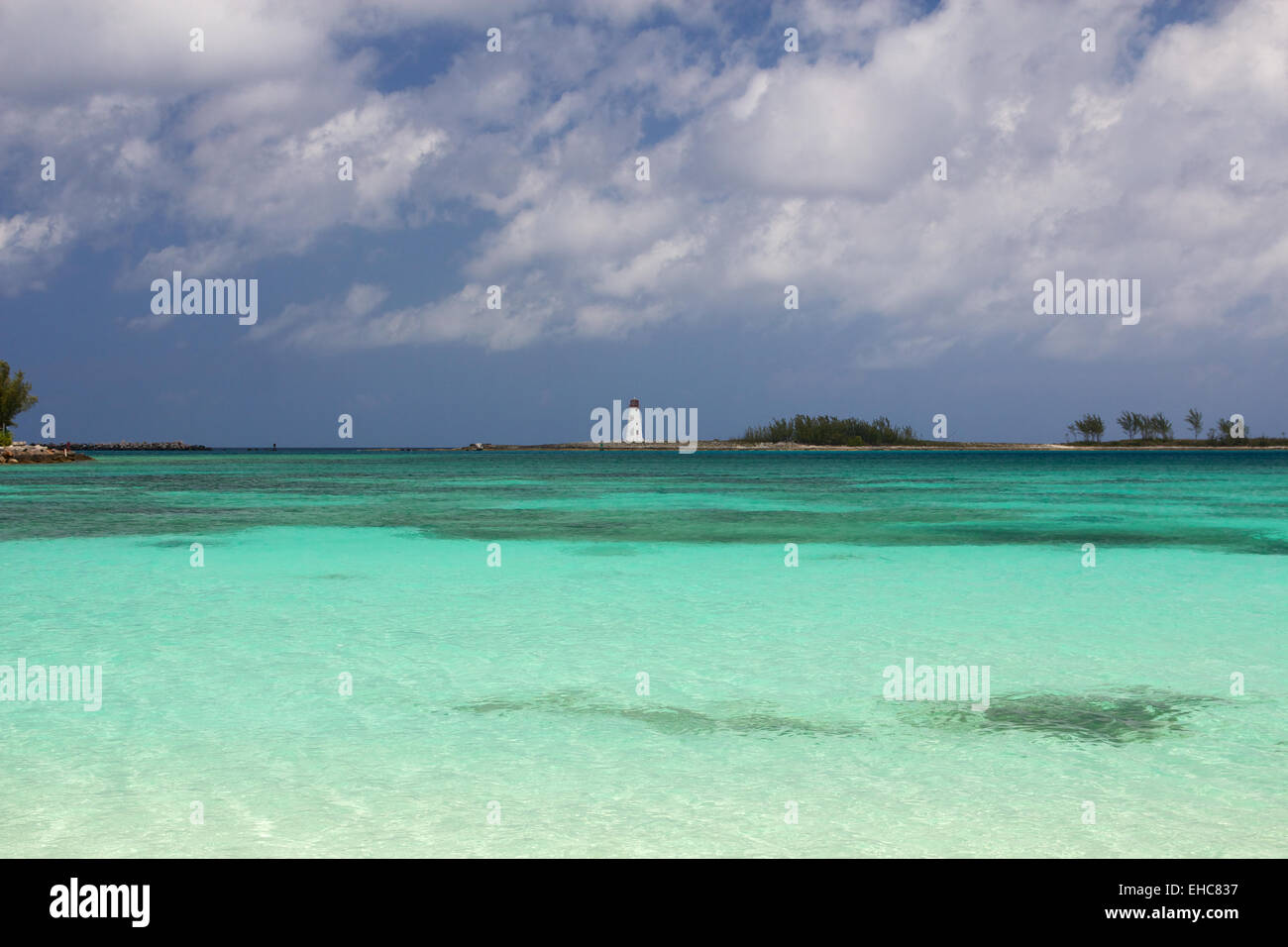 Caribbean seascape with distant lighthouse at Nassau, Bahamas Stock ...