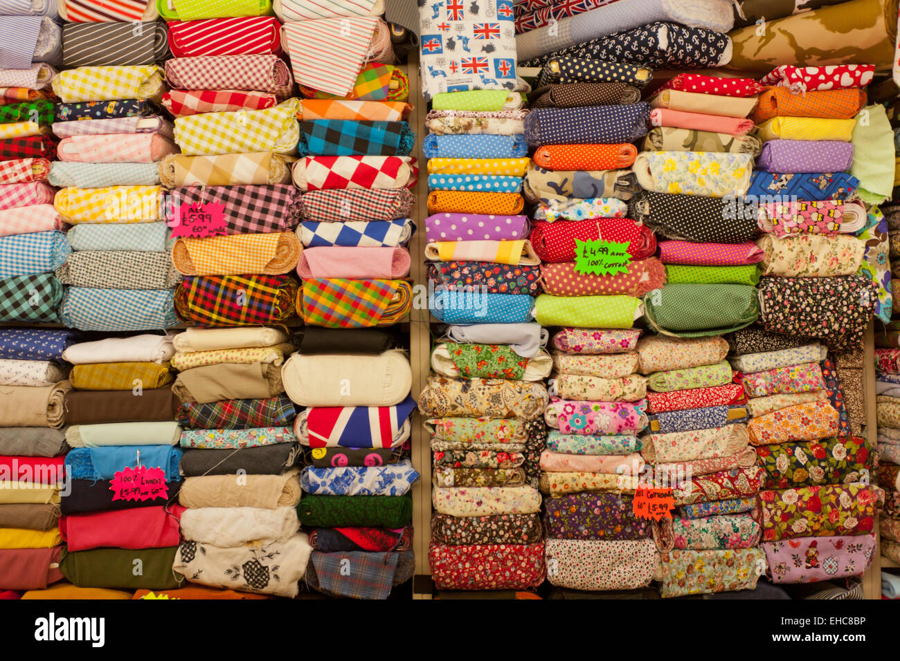Stacks of material for sale, Birmingham Indoor Market, UK Stock Photo ...