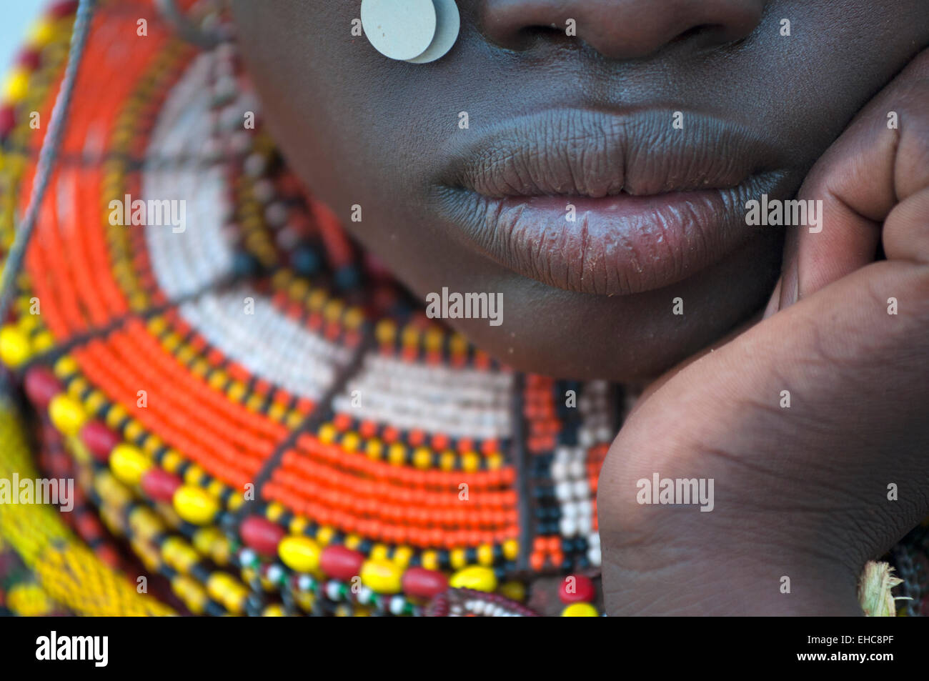 Detail of a Turkana girl with massive colorful beaded necklaces and ...