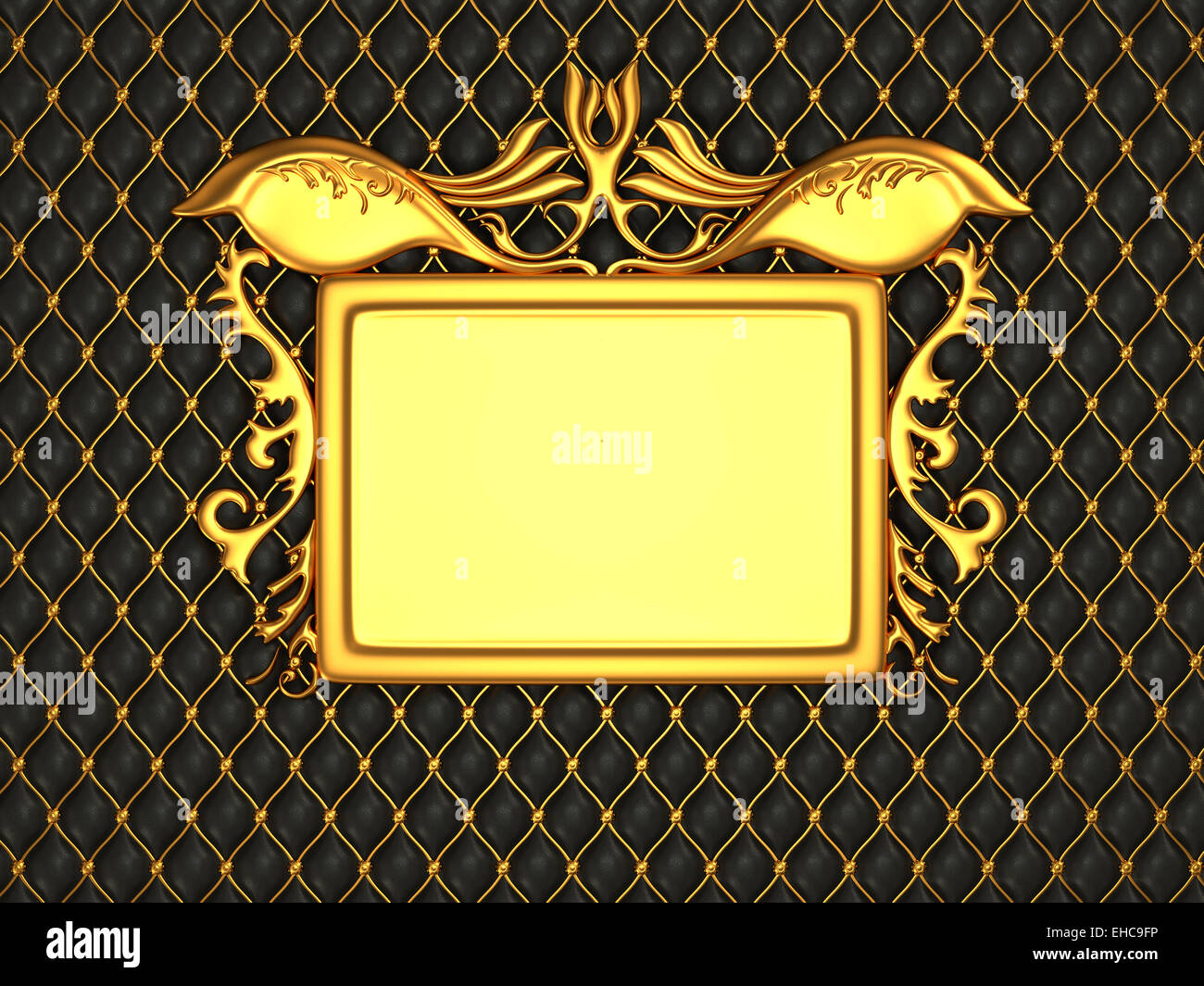 Black leather background with golden stucco moulding frame for caption ...