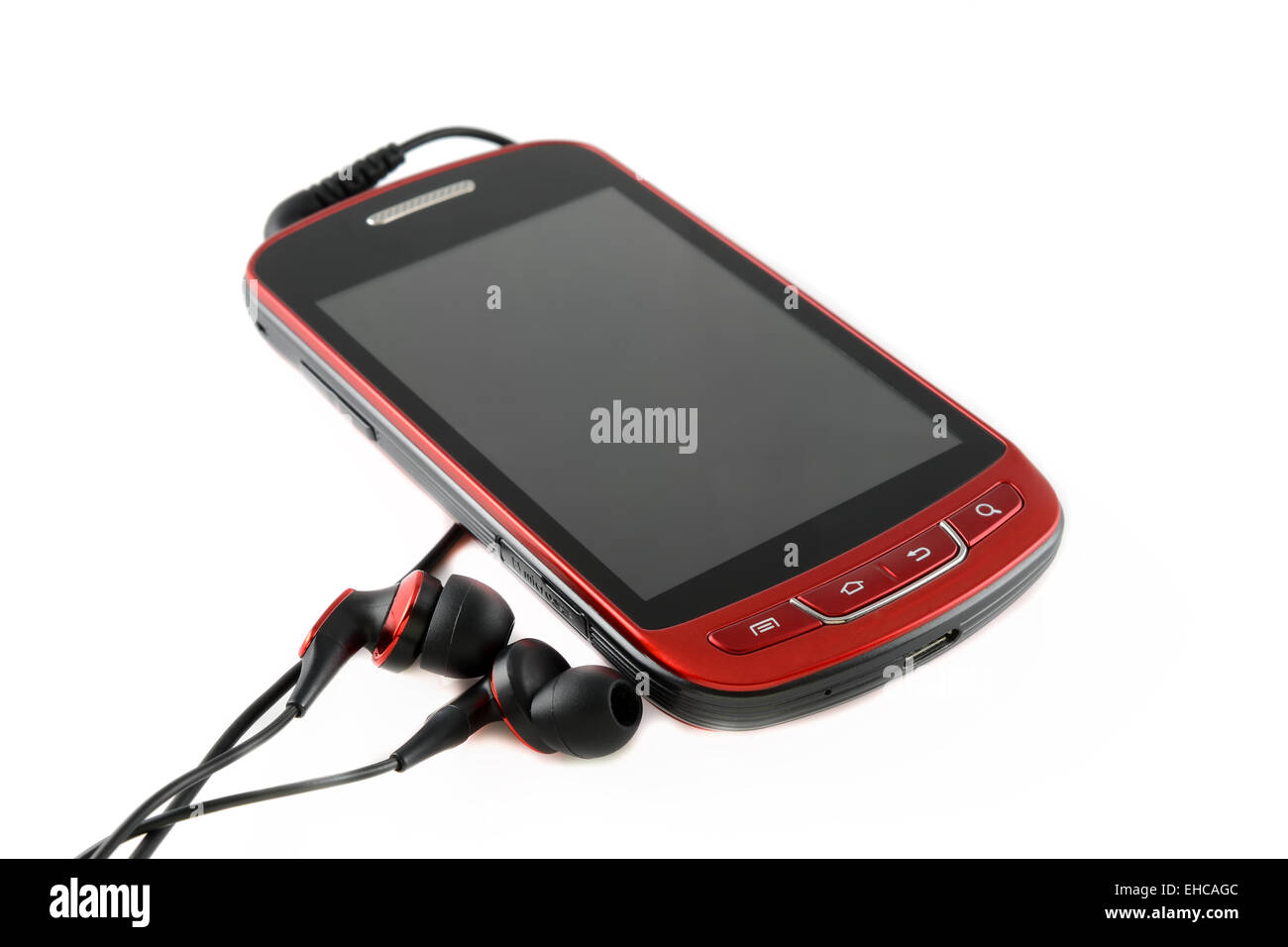 Red mobile phone with headsets Stock Photo - Alamy