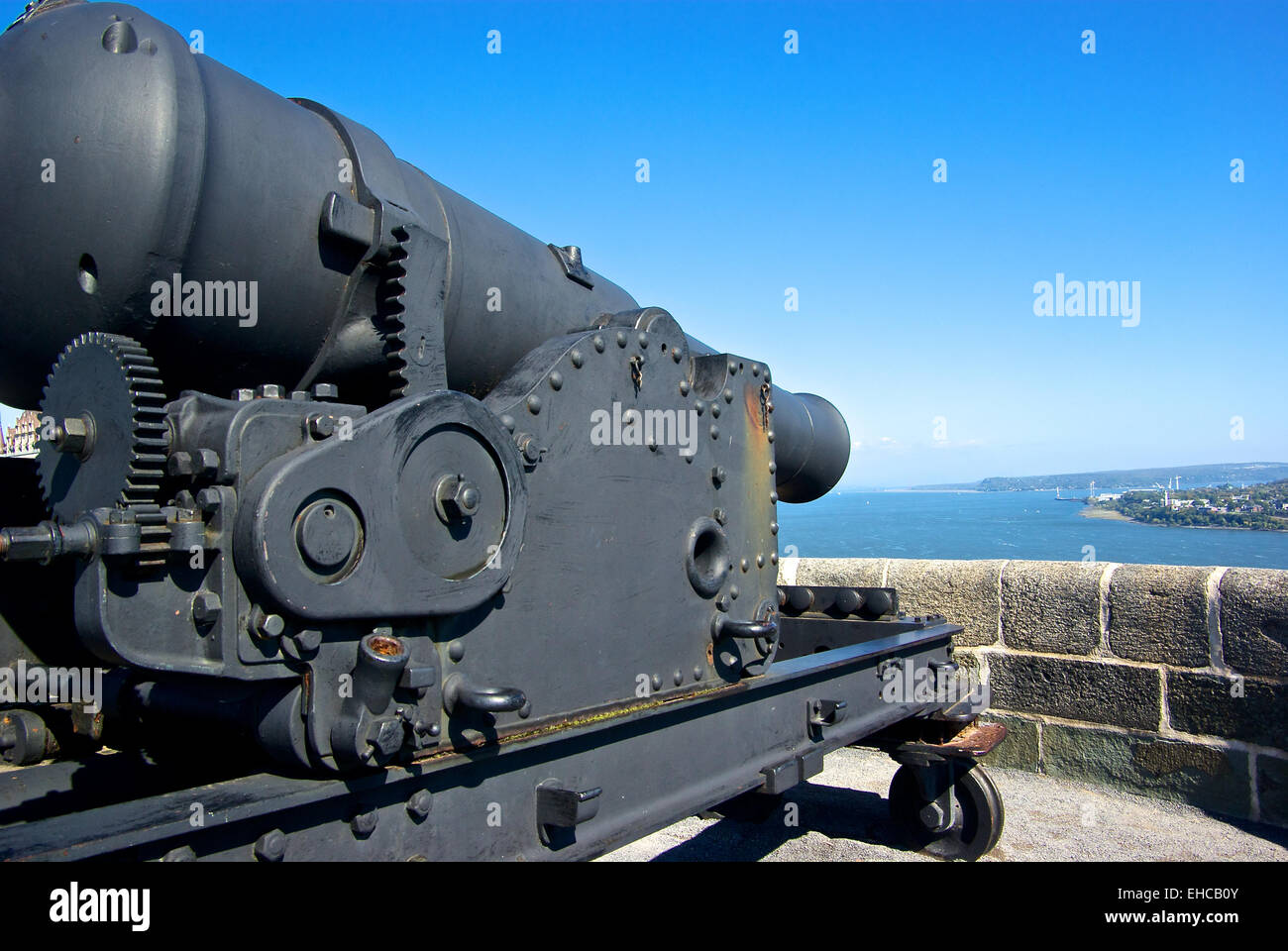 Old cannon on rotating gun carriage that once guarded the St. Lawrence ...