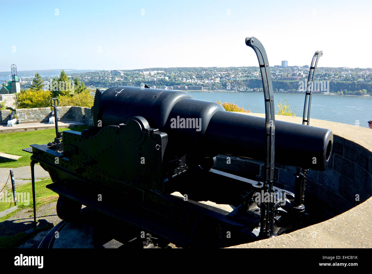 Old cannon on rotating gun carriage that once guarded the St. Lawrence ...