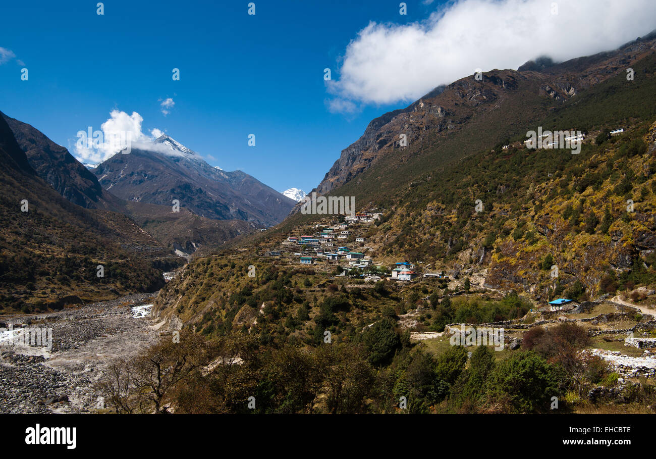 Landscape in Himalaya: peaks and highland village. Pictured In Nepal ...