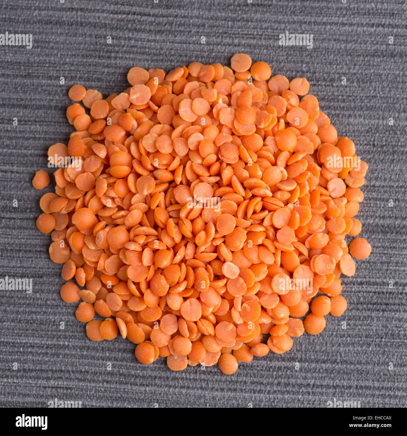 Top view of circle of peeled lentils against grey vinyl background ...