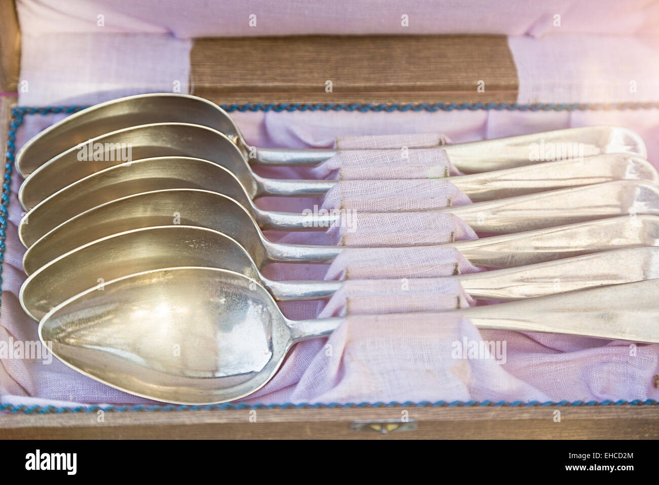 Vintage silver tea spoon set in a box Stock Photo - Alamy