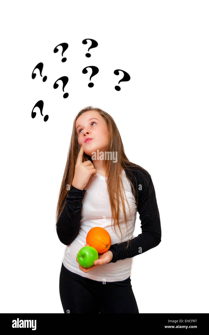 Thinking little girl with orange and apple and question mark isolated ...