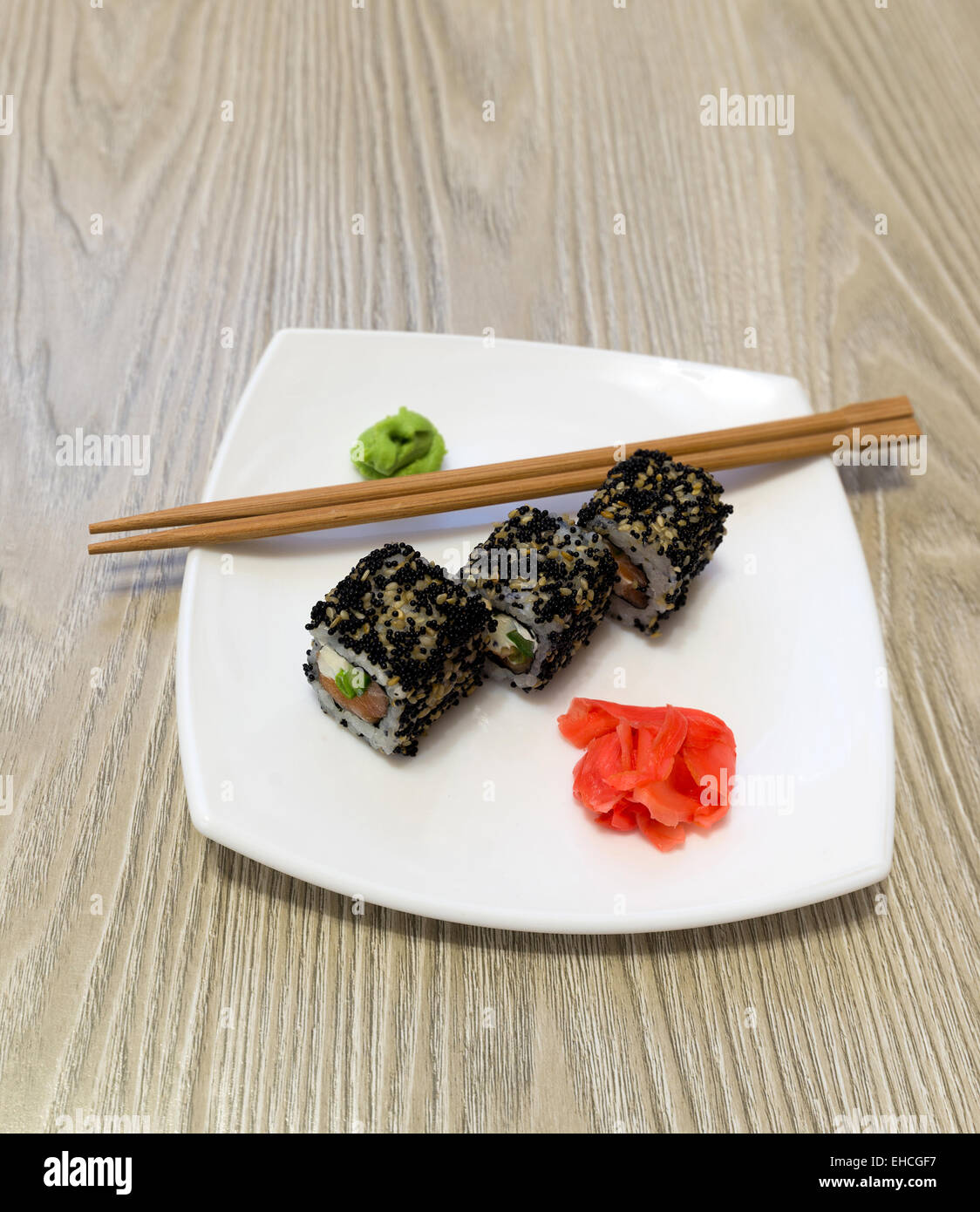 Sushi rolls,wasabi and ginger on plate Stock Photo - Alamy