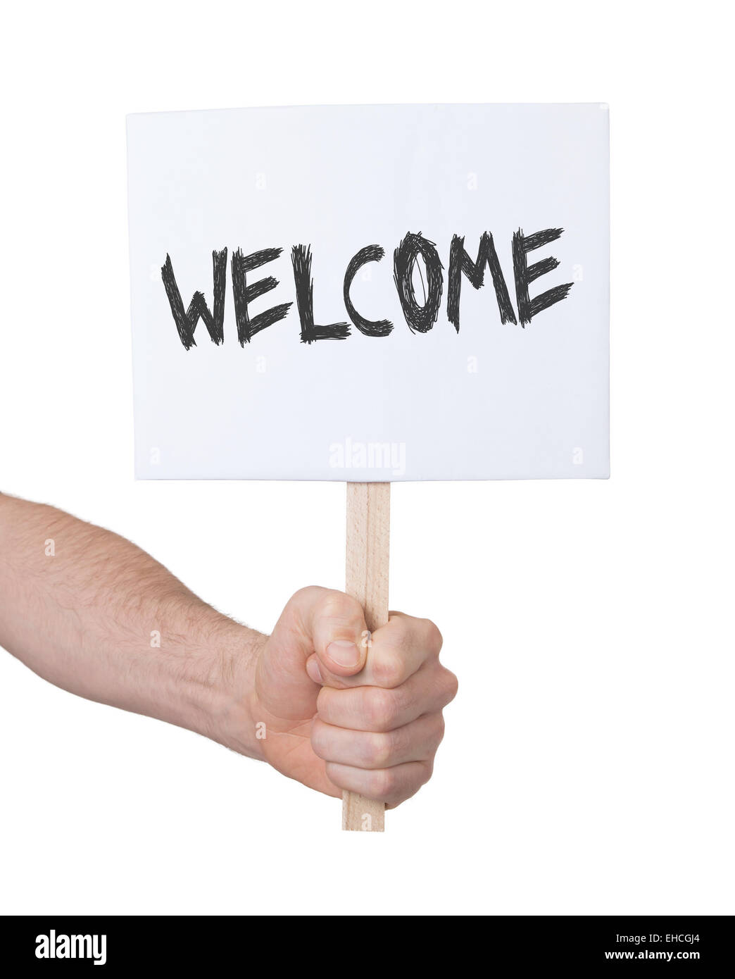 Hand holding sign, isolated on white - Welcome Stock Photo - Alamy