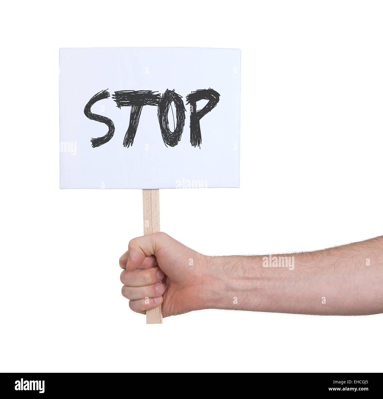 Hand holding sign, isolated on white - Stop Stock Photo - Alamy