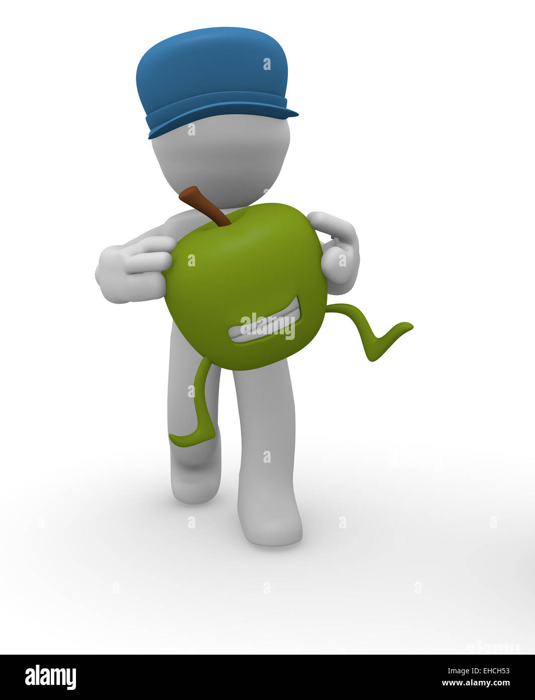 3d man holding a smiling apple on a white background Stock Photo - Alamy
