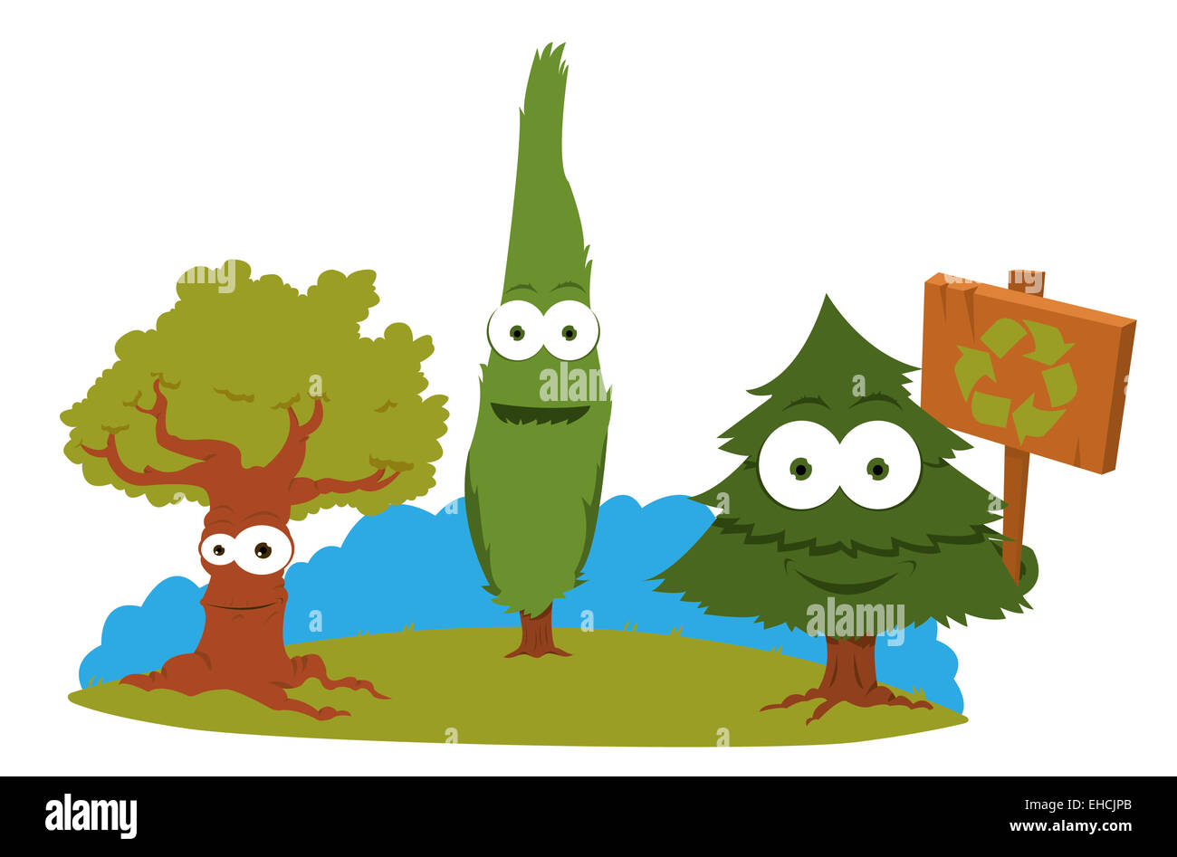 a vector cartoon representing a group of funny trees holding a ...